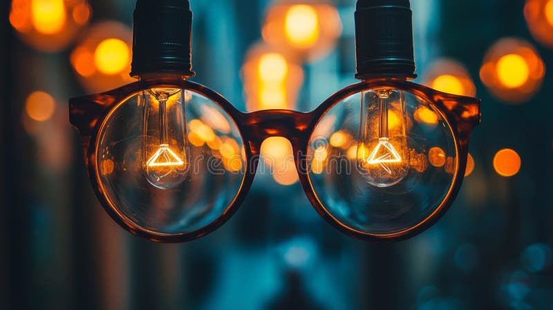 Vintage Glasses with Lightbulbs Reflecting Inside Lenses Stock Photo ...