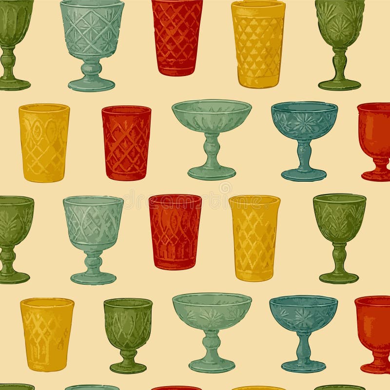 Vintage Glassware Print Design in Vector Stock Vector - Illustration of ...