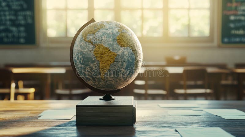 Vintage Globe on Book in Classroom Setting Sunny Light Education Map ...