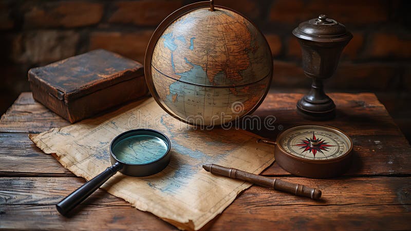 Vintage Globe, Compass, Magnifying Glass, Map, and Antique Box on ...
