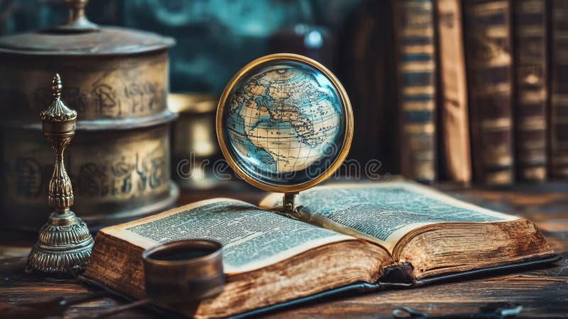 Vintage Globe on an Open Book in a Library Stock Photo - Image of ...