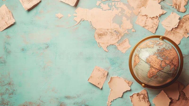 Vintage Globe Sits on Turquoise Background Surrounded by Torn Map ...