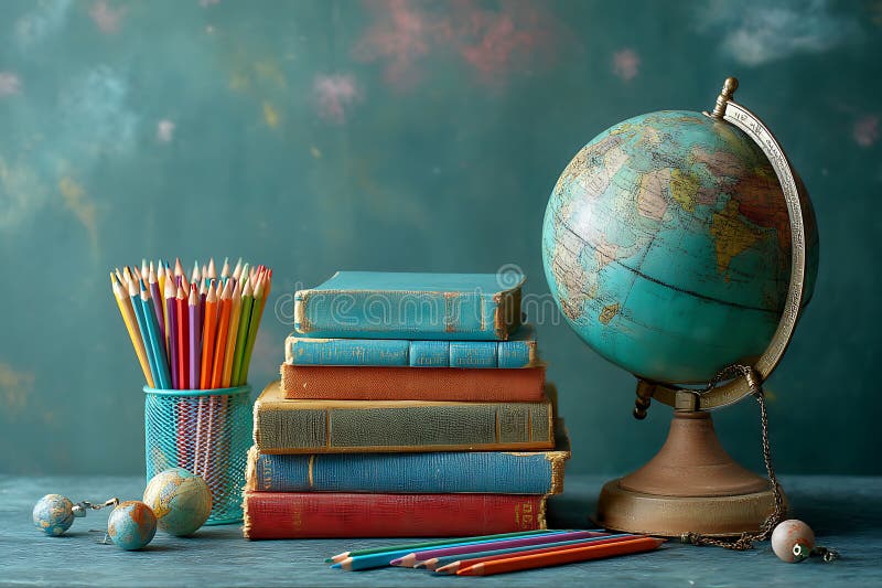 Vintage Globe Stack of Books Colored Pencils School Supplies Stock ...