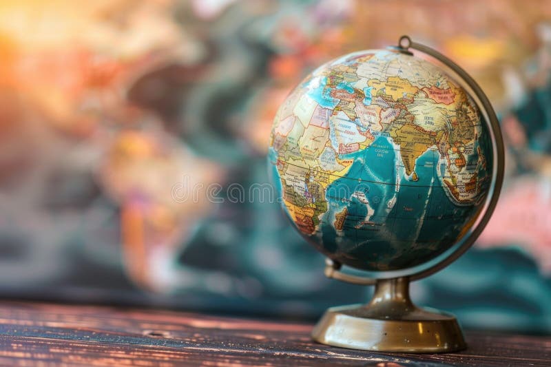 Vintage Globe on Wooden Table with Blurred World Map Background Stock ...