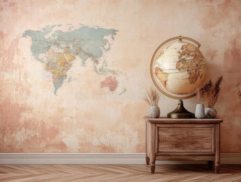 Vintage Globe and World Map on a Rustic Wooden Cabinet Stock Photo ...