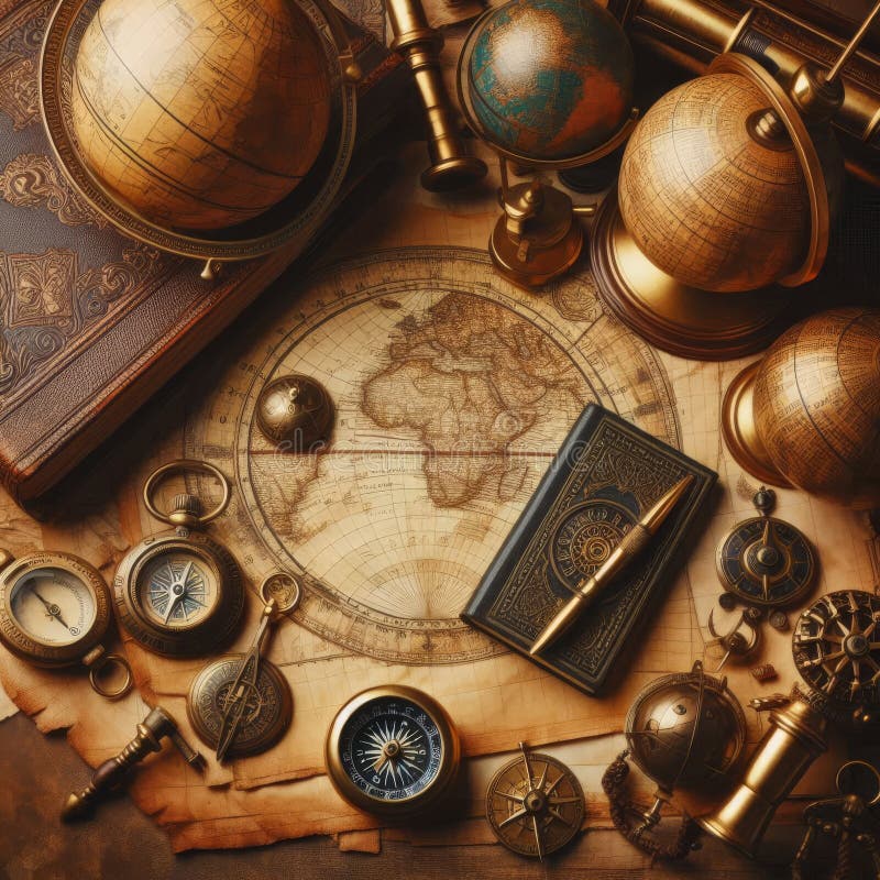 Vintage Globes and Navigational Instruments on Map Stock Image - Image ...