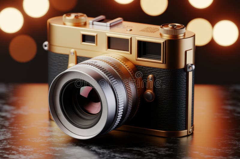 Vintage Gold Camera with Leather Detailing and Bokeh Lights on Marble ...