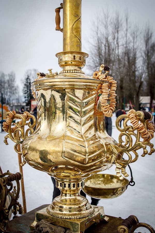 Vintage Gold-plated Russian Samovar on a Street Stock Photo - Image of ...