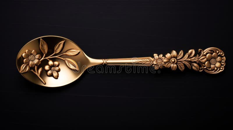 Vintage Gold Spoon with Engraved Floral Pattern on a Dark Background ...