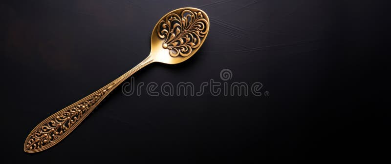 Vintage Gold Spoon with Engraved Floral Pattern on a Dark Background ...