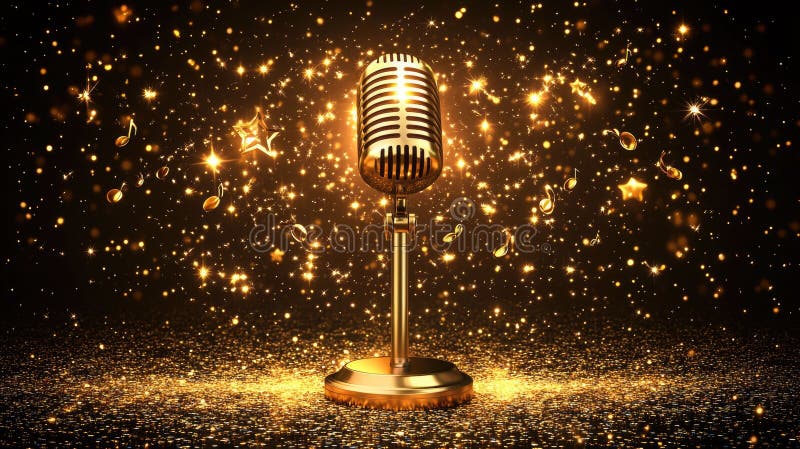 Vintage Golden Microphone Surrounded by Sparkling Musical Notes and ...