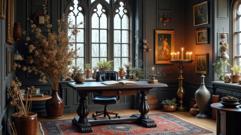 Vintage Gothic Study Room Interior with Wooden Desk and Candlelight ...