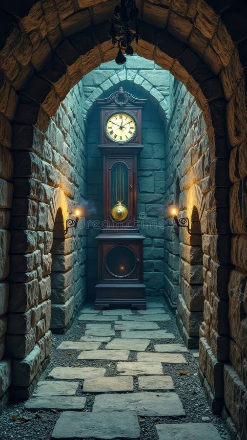 Vintage Grandfather Clock in Stone Archway Illuminated by Warm Lantern ...