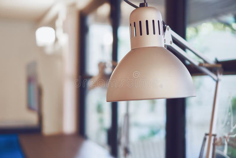 Vintage Gray Desk Lamp on the Table in Coffee Cafe. Stock Image - Image ...