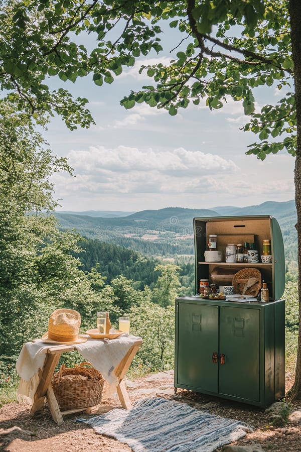 Vintage Green Fridge Set in Scenic Landscape with Refreshments Stock ...