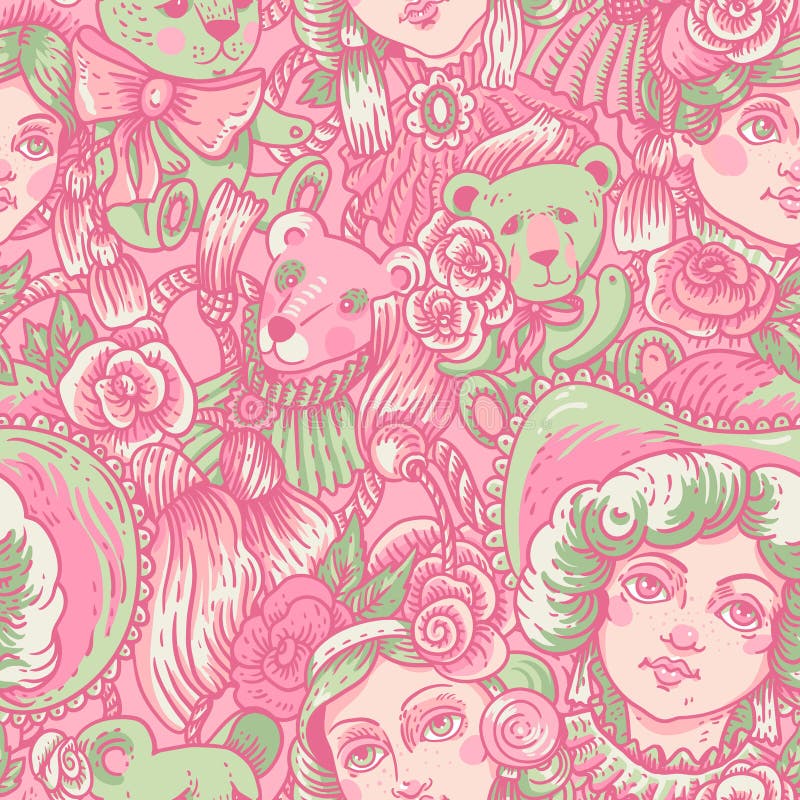 Vintage Green and Pink Doll Seamless Pattern, Vector Flowers ...
