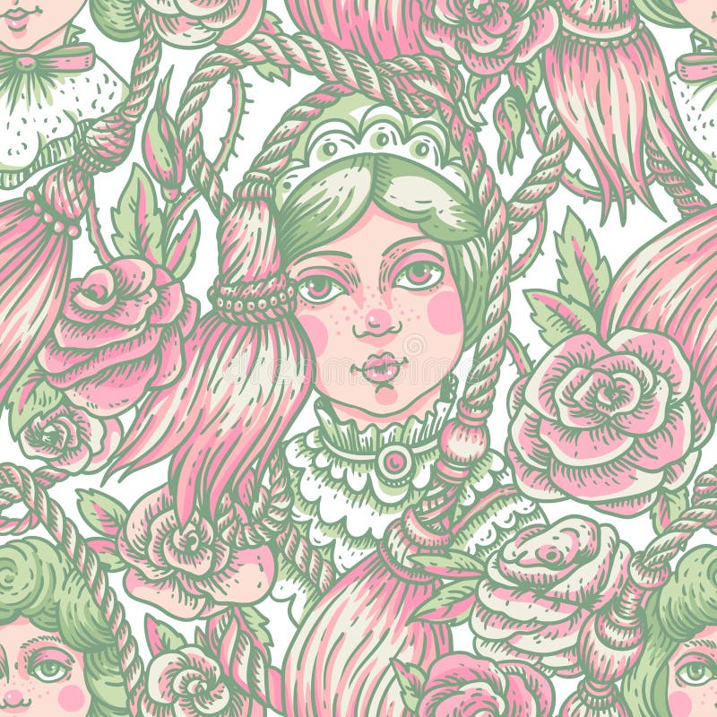 Vintage Green and Pink Doll Seamless Pattern, Vector Flowers ...