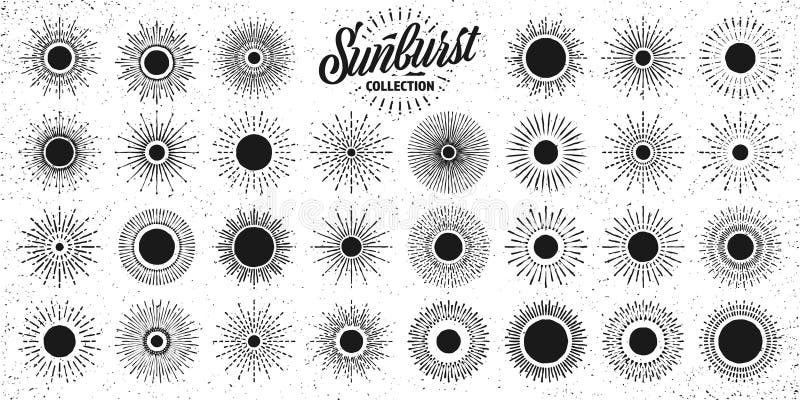 Vintage Grunge Sunburst, Sunset Beams. Hand Drawn Bursting Sun, Light ...
