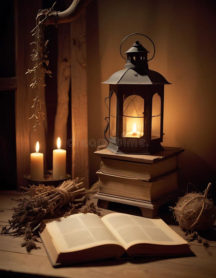 Vintage Halloween Setup with Lantern and Open Book for Cozy Autumn ...