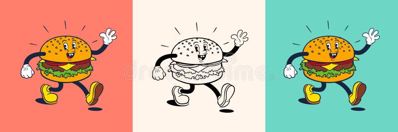 Burger Mascot in Retro Rubber Hose Cartoon Style. Stock Vector ...