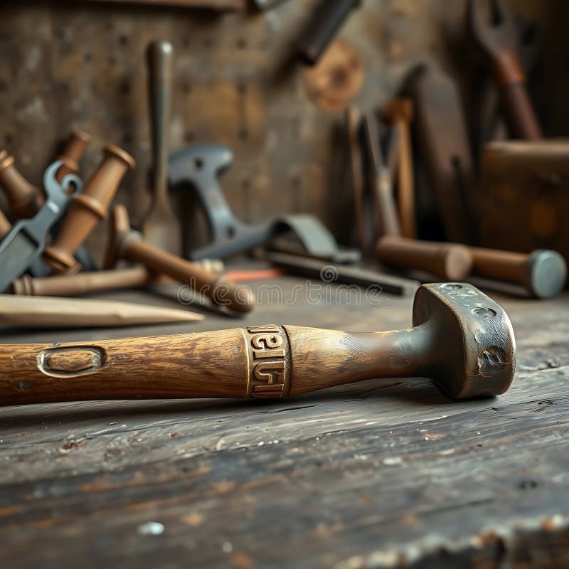 A Vintage Hammer on an Old Wooden Table with Worn Out Tools in the ...