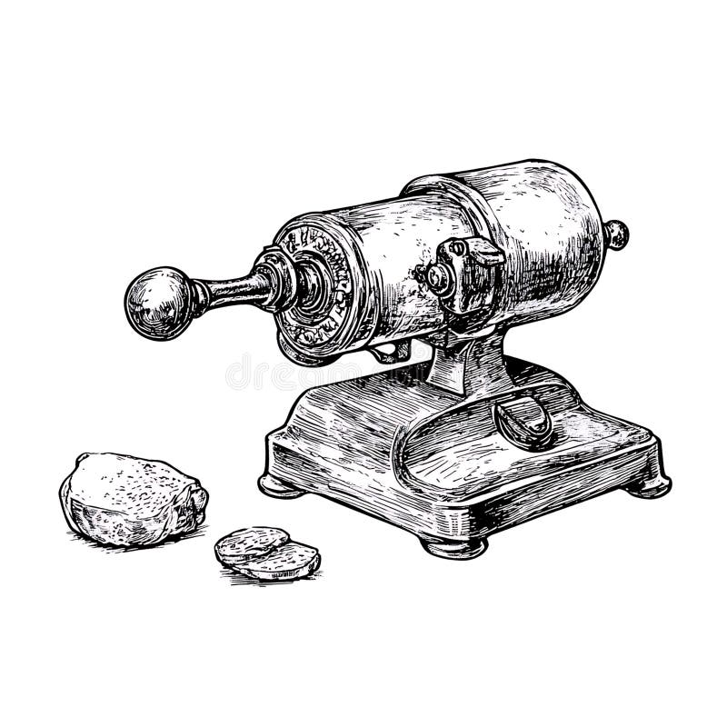 Vintage Hand-cranked Meat Slicer with Sliced Meat Stock Illustration ...