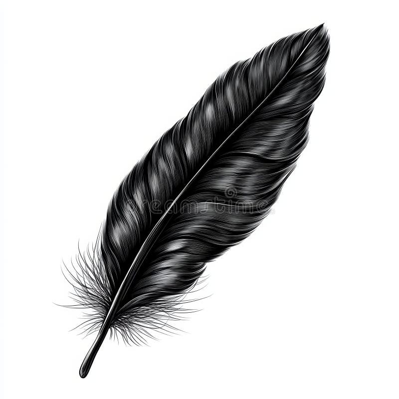 Vintage Hand Drawing of a Single Black Fluffy Feather for Artistic and ...