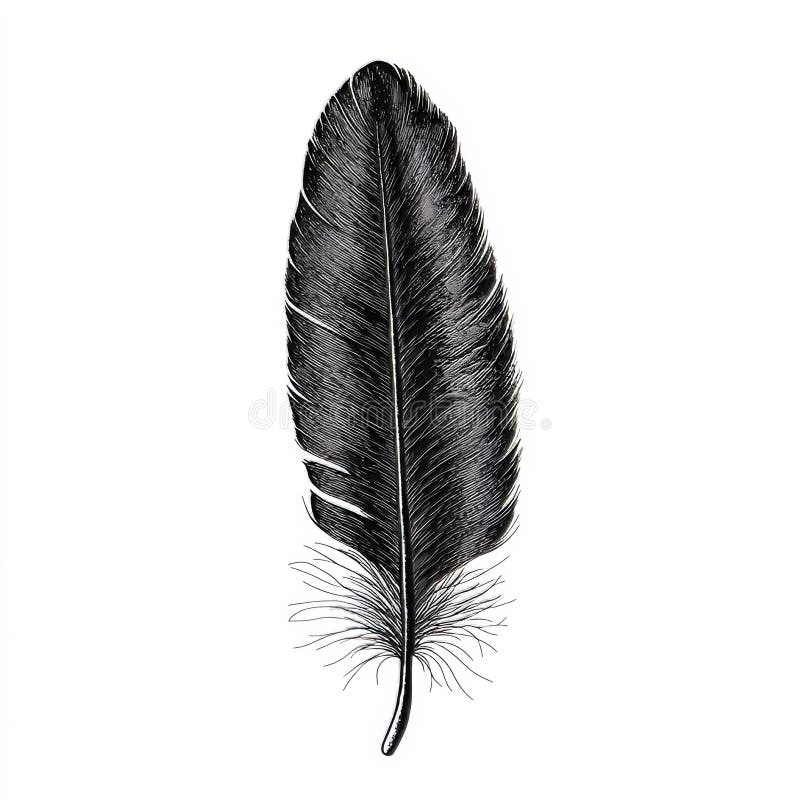 Vintage Hand Drawing of a Single Black Fluffy Feather for Artistic and ...