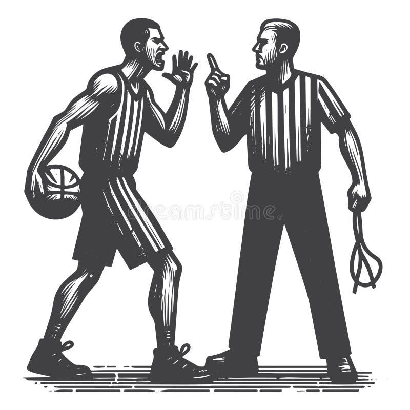 Vintage Hand-Drawn Basketball Player Arguing with Referee Vector ...