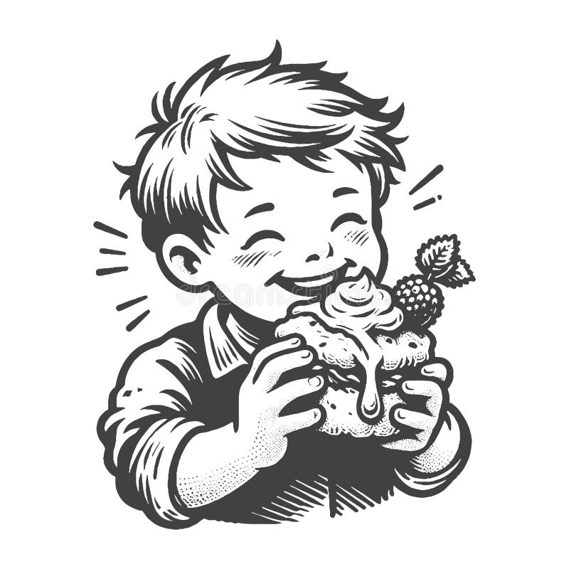 Vintage Hand-Drawn Boy Eating Scone Illustration. Stock Vector ...
