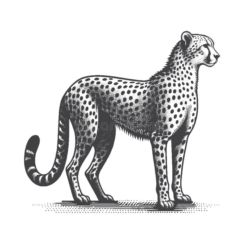 Vintage Hand Drawn Full Body Standing Cheetah Illustration Stock ...