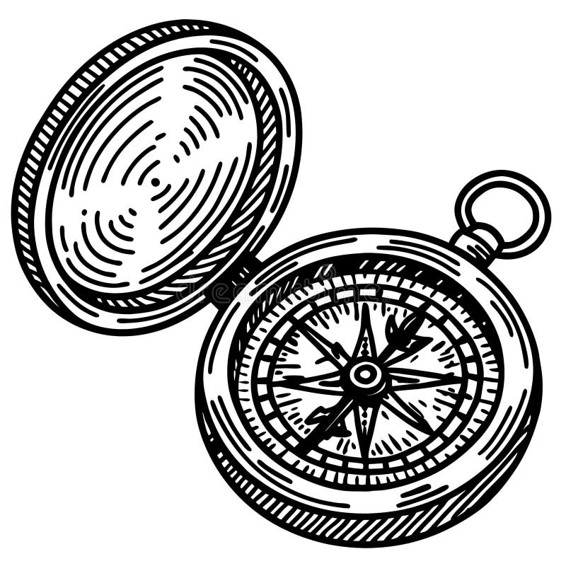 Vintage Hand Drawn Compass Illustration with Open Lid and Compass Rose ...