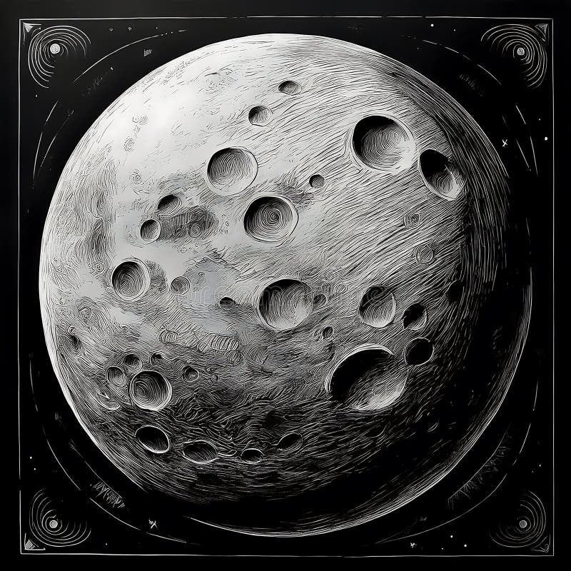 Detailed Vintage Engraving of the Moon Showcasing Craters and Textures ...