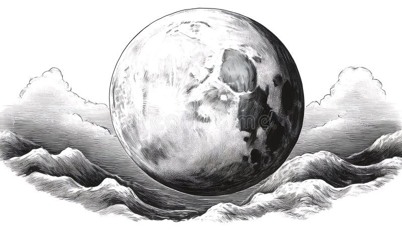 Detailed Vintage Engraving of the Moon Showcasing Craters and Textures ...
