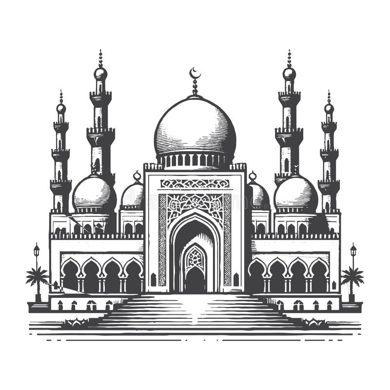 Vintage Hand-Drawn Front View Mosque Vector for Religious Designs ...