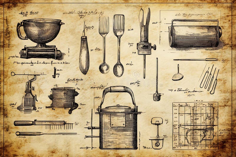 Vintage HandDrawn Illustration of Kitchen Utensils and Tools Stock ...
