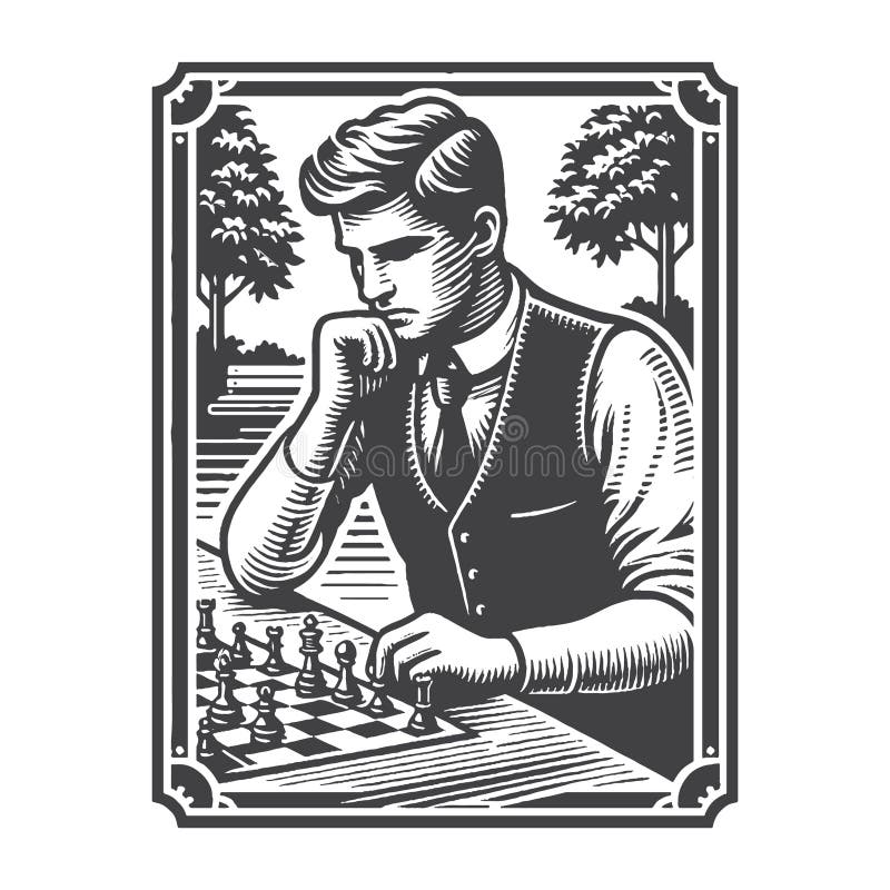 Vintage Hand-Drawn Man Playing Chess in Park Scene. Stock Vector ...
