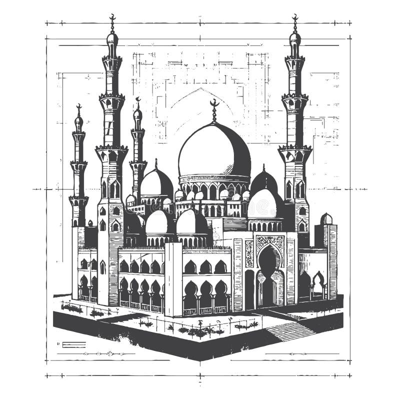 Vintage Hand-Drawn Mosque Architectural Blueprint Illustration. Stock ...