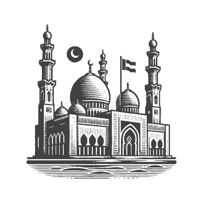 Vintage Hand-Drawn Mosque Side View with Flag Illustration. Stock ...