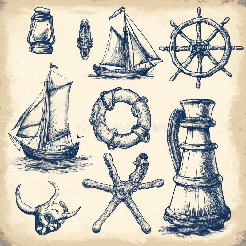 Vintage Hand Drawn Nautical Elements Set. Vector Illustration Stock ...