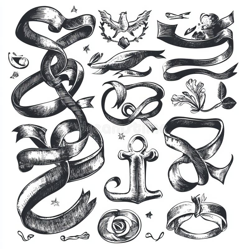 Vintage Hand Drawn Ribbons Set. Vector Illustration in Sketch Style ...