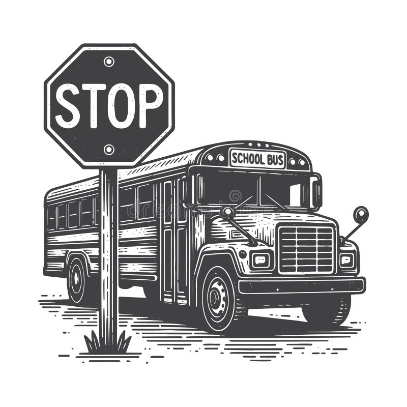 Vintage Hand Drawn School Bus Stopped Curb Transportation Engraved ...
