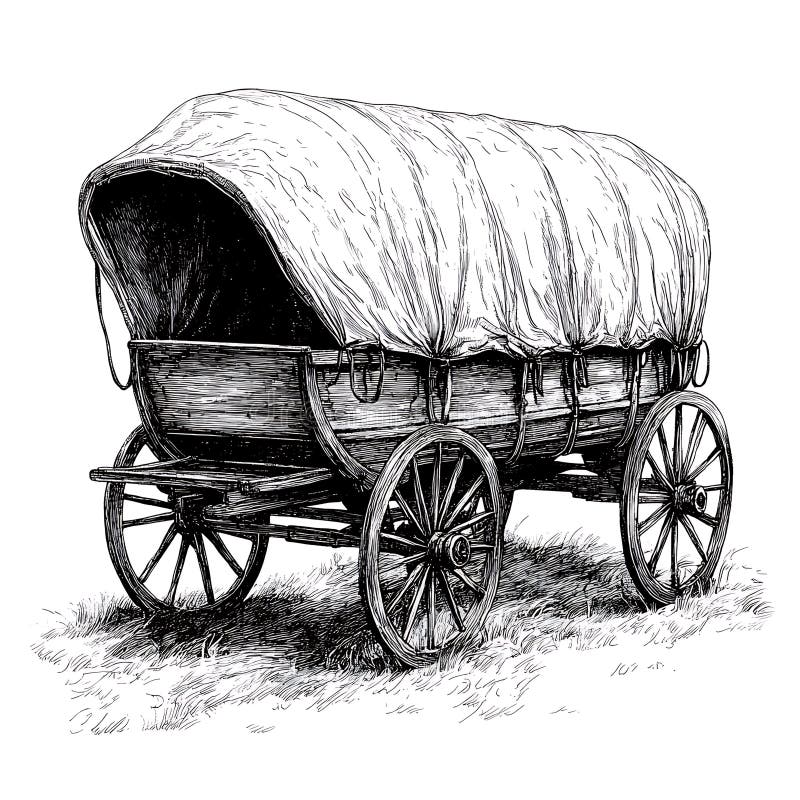 Vintage Hand-drawn Sketch of a Covered Wooden Wagon Stock Illustration ...
