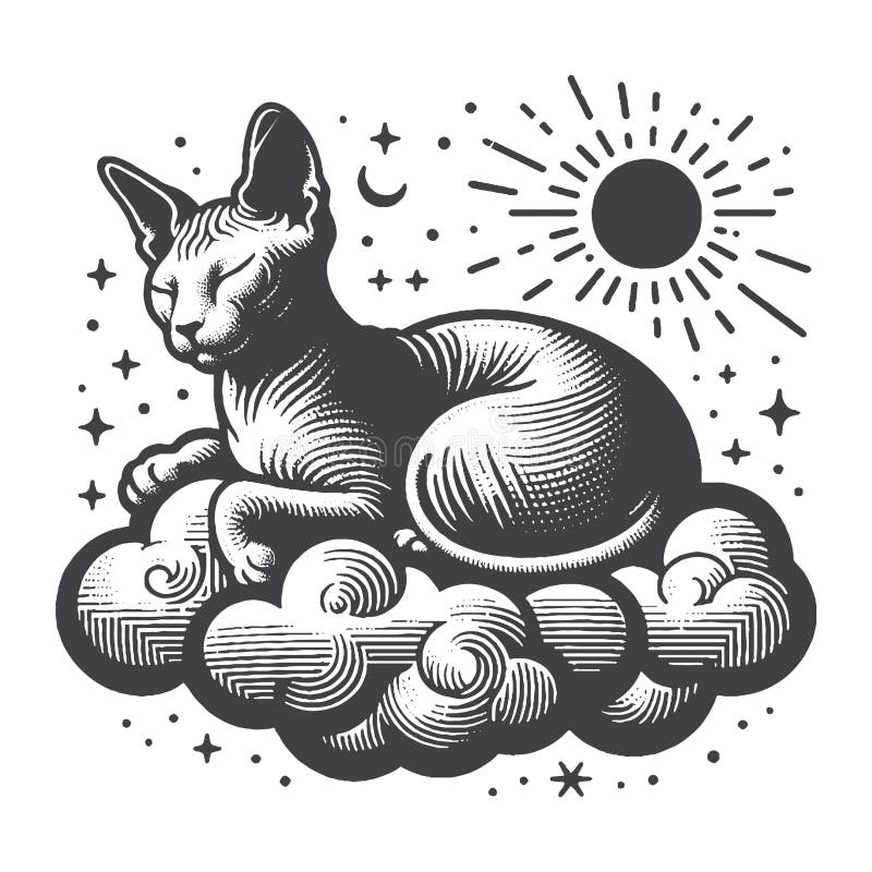 Vintage Hand Drawn Sphynx Cat Sleeping on Cloud Illustration. Stock Vector - Illustration of ...