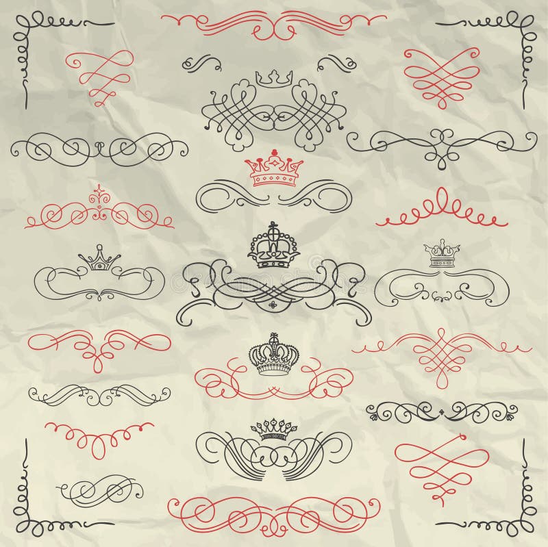 Vintage Hand Drawn Swirls and Crowns on Crumpled Stock Vector ...
