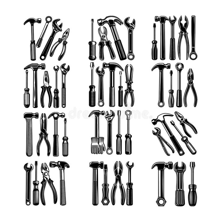 Vintage Hand Tools Collection in Black and White Stock Vector ...