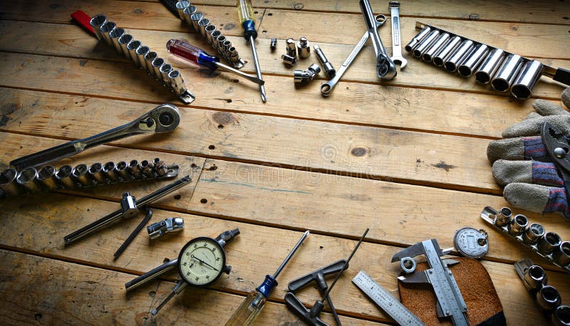 Vintage Hand Tools on 2x4 Work Bench Stock Photo - Image of hardware ...