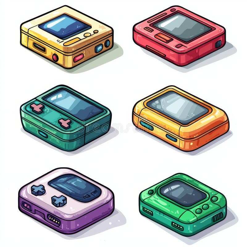 Vintage Handheld Gaming Consoles Arranged in a Grid of Color. Stock ...