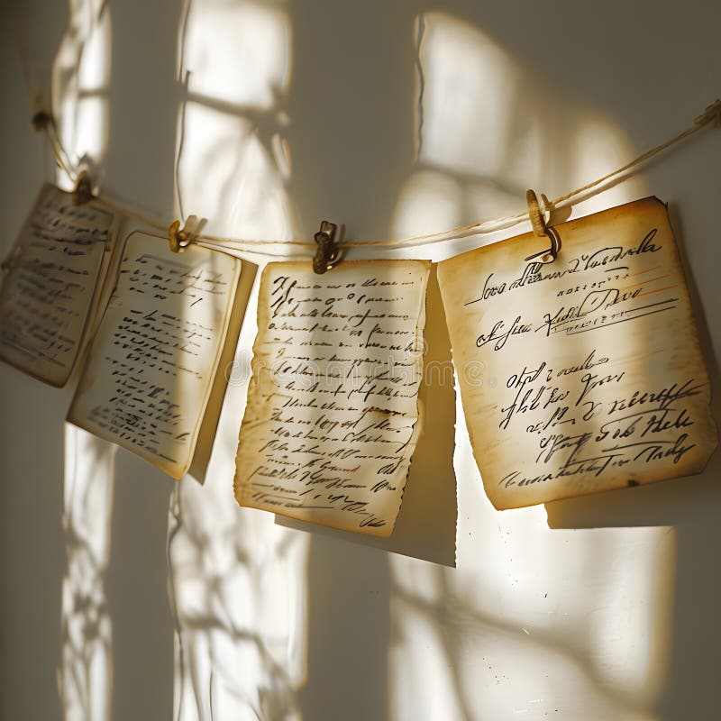 Vintage Handwritten Notes Hanging in Sunlight Shadows Stock ...