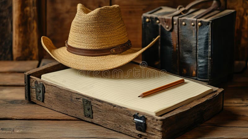 Vintage Hat and Notebook on Wooden Table Stock Photo - Image of ...